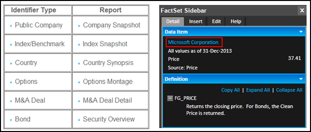 Launch overview reports from Excel on the Sidebar Detail tab
